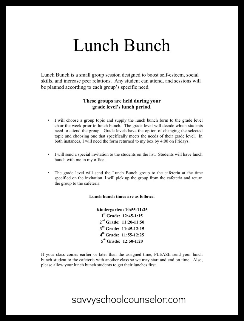 Lunch Bunch Anyone?: Planning and Scheduling - Savvy School Counselor